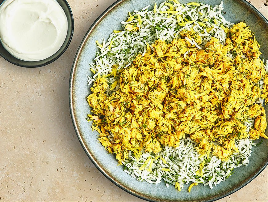 Sabzi Polo Mahi - Saumon Label Rouge au curcuma, riz aux herbes, sauce ...